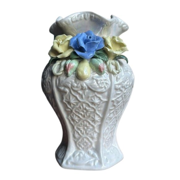 Accents | Vintage Pearl Opalescent Lusterware Vase With Applied Flowers ...
